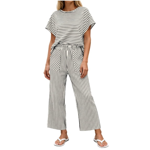 asjyhkr Womens Summer 2 Piece Sets Striped Short Sleeve Tees Wide Leg ...