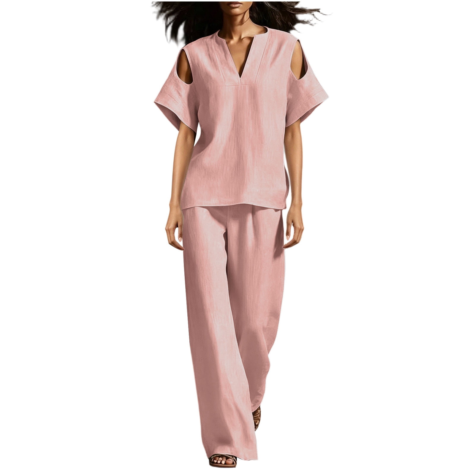 asjyhkr Work Sets for Women 2 Piece Notch Neck Cold Shoulder Tops Loose ...