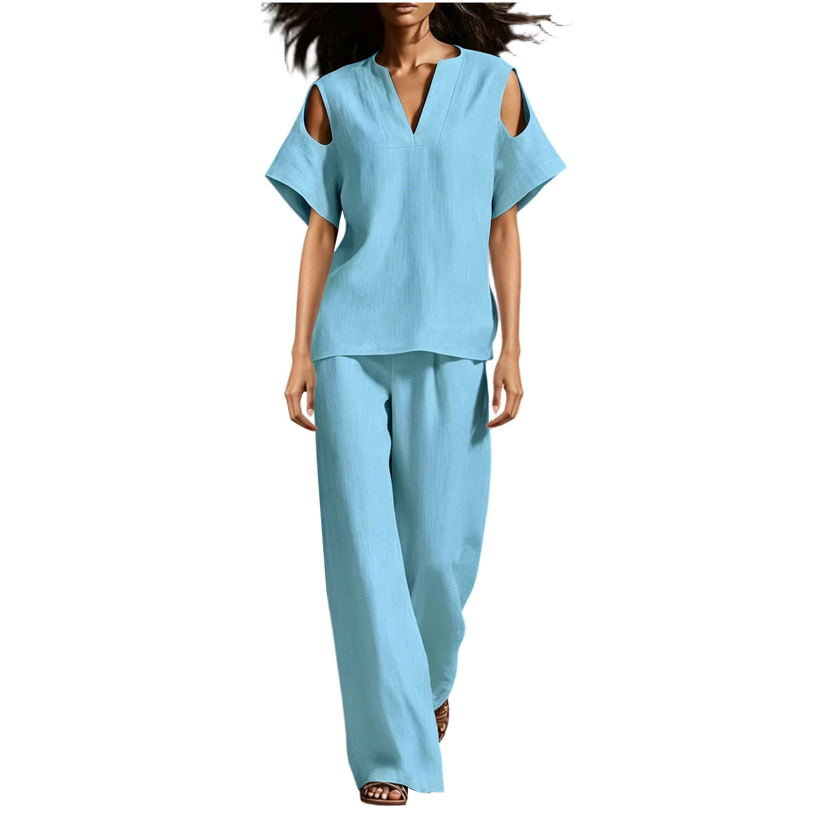 asjyhkr Work Sets for Women 2 Piece Notch Neck Cold Shoulder Tops Loose ...