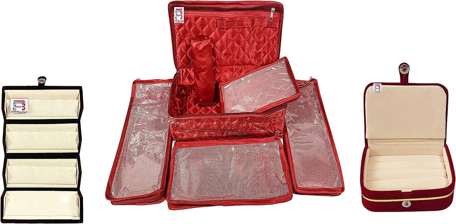 atorakushon Combo Satin Maroon Make-Up Pouch Jewellery Box 4 Pouch 1 ...