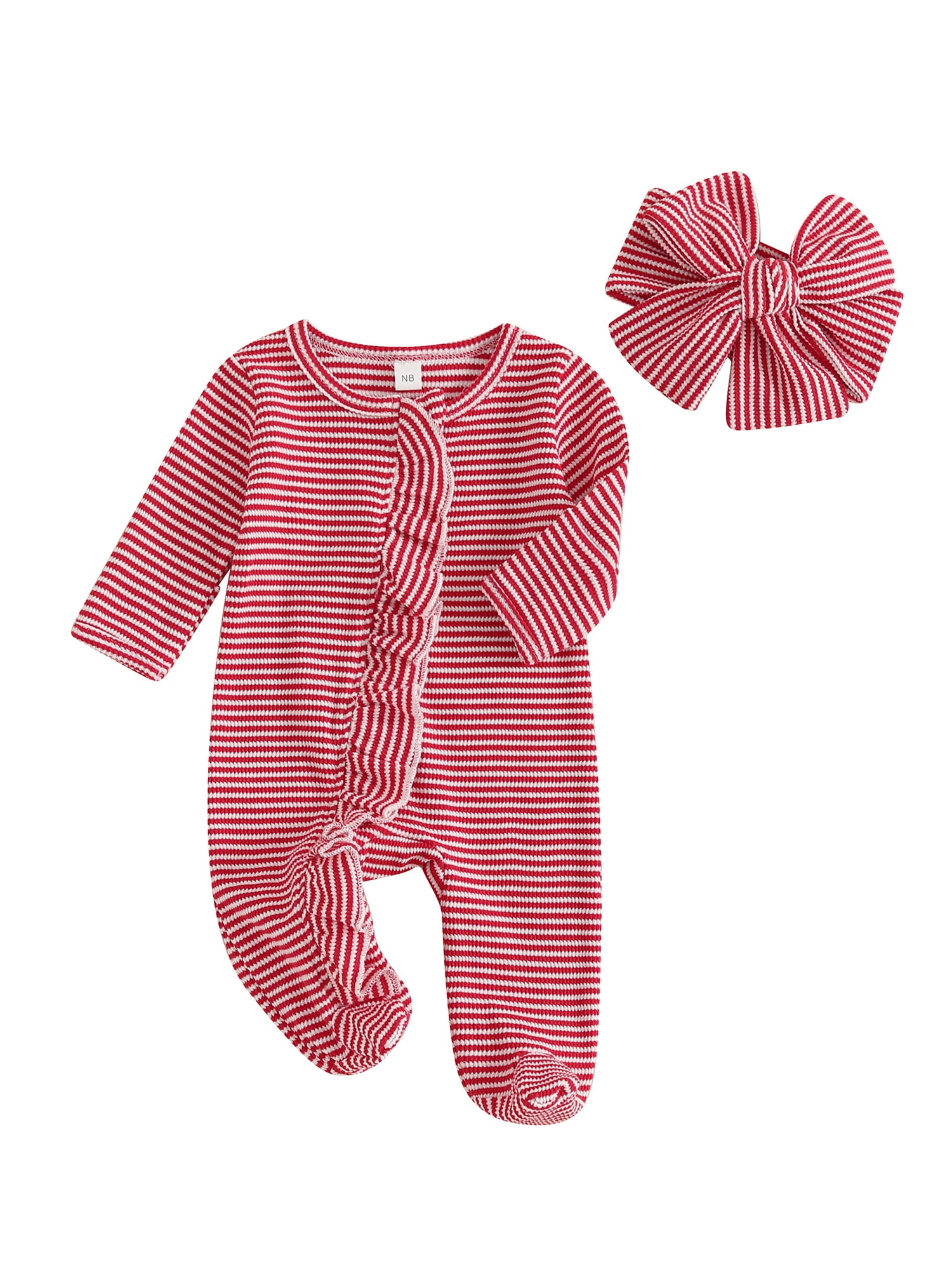 aturustex Infant Baby Girl Classic Footed Romper 0-12M Newborn Ruffled Zipper Jumpsuits Stripe ...
