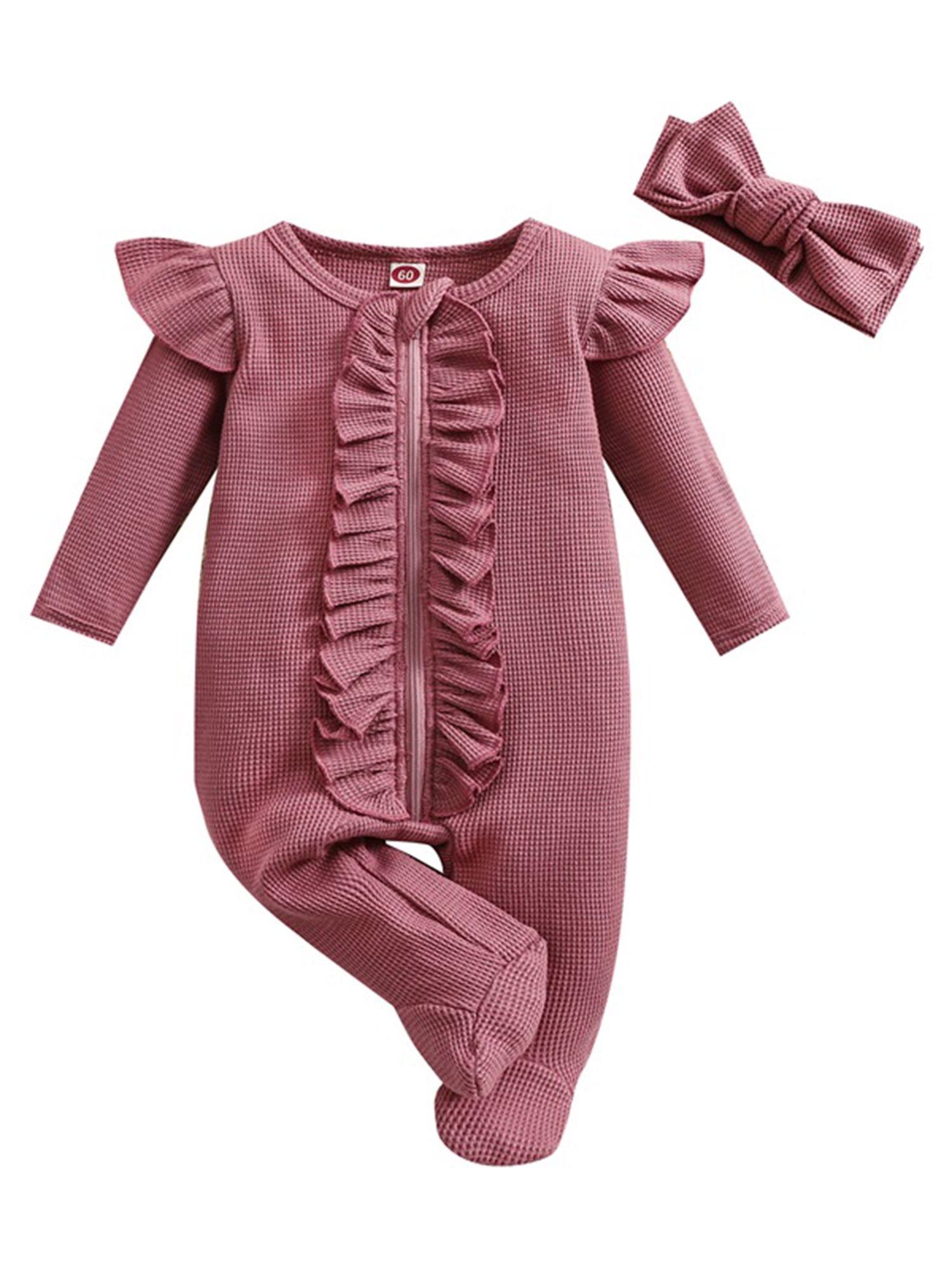 aturustex Infant Baby Girls Solid Waffle Footies Jumpsuit Outfits 0-12M Newborn Long Sleeve ...