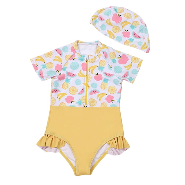 aturustex Little Girls Rash Guard Swimsuit with Hat 9M 1T 2T 3T 4T 5T Toddler Baby 2Pcs Zip Up ...