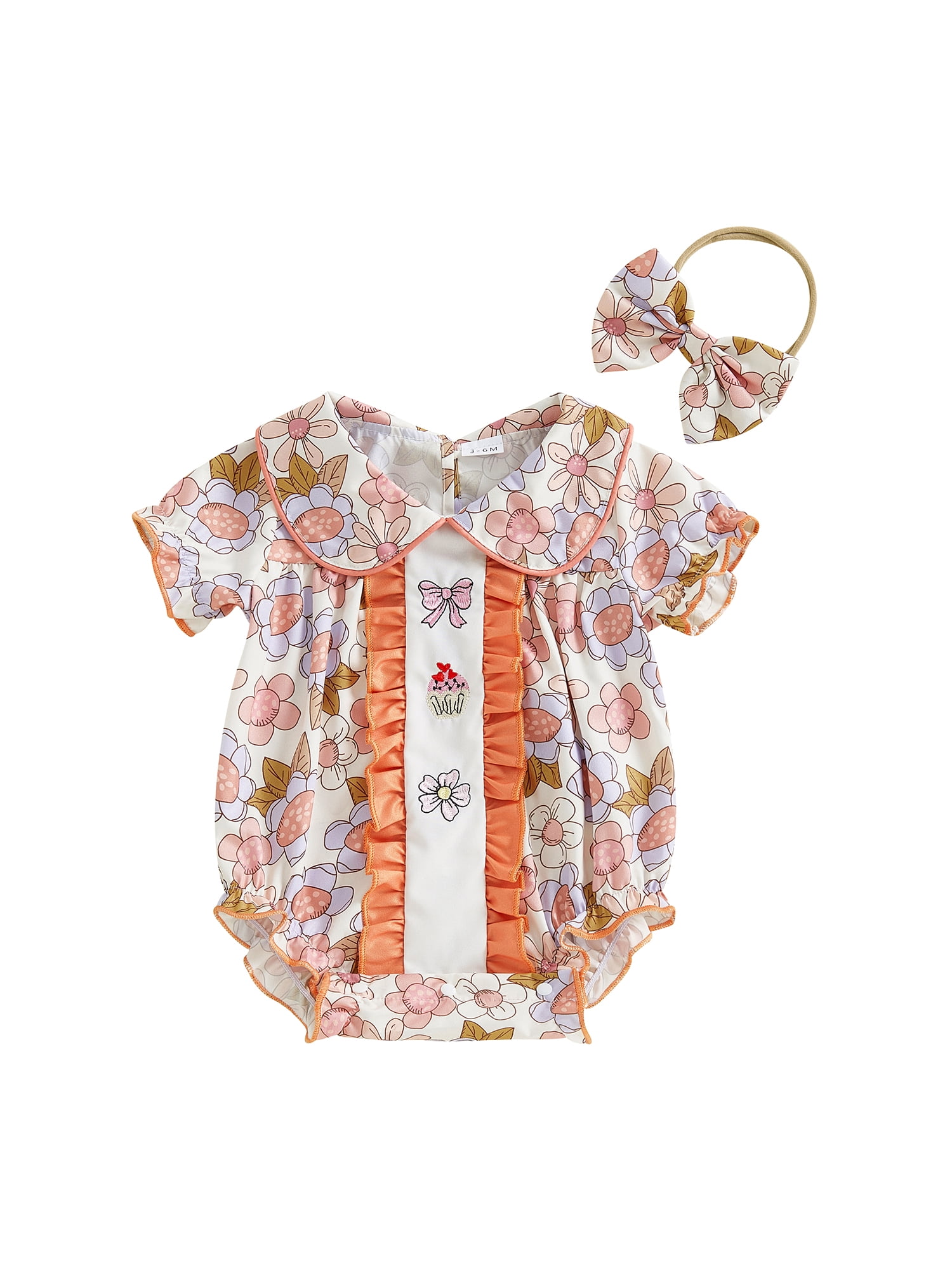 aturustex Toddler Baby Girl Bubble Romper 0 3M 6M 12M 18M Infant Floral Bow Print Embroidery ...