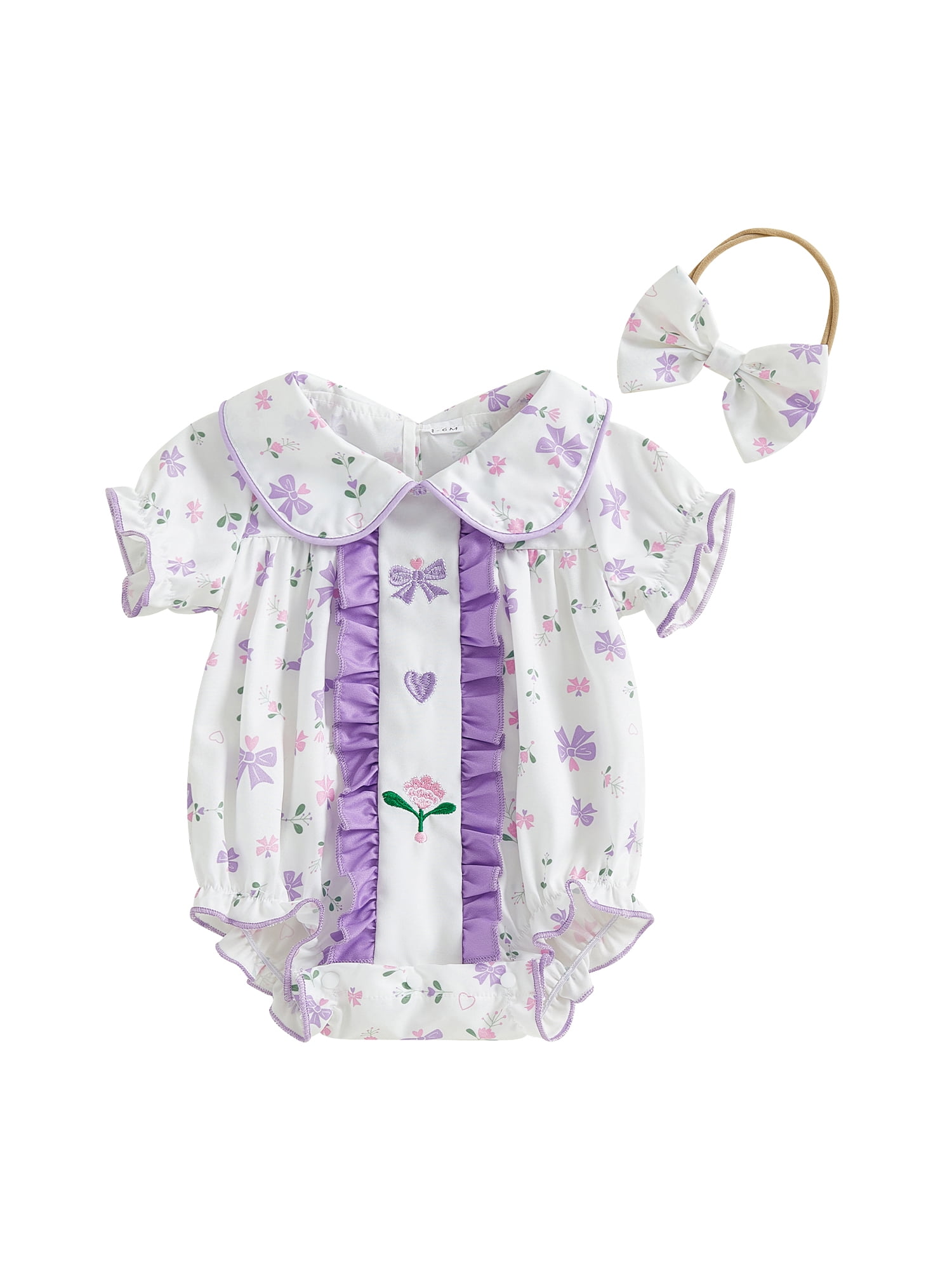 aturustex Toddler Baby Girl Bubble Romper 0 3M 6M 12M 18M Infant Floral Bow Print Embroidery ...