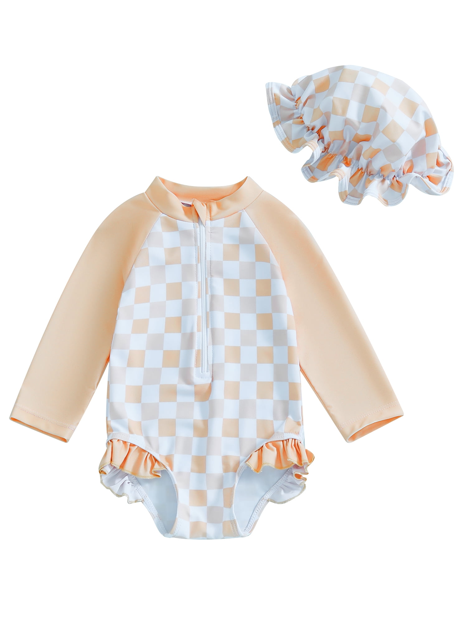 aturustex Toddler Baby Girl Rash Guard Swimsuit with Sun Hat 0-24M Infant Long Sleeve Zipper ...