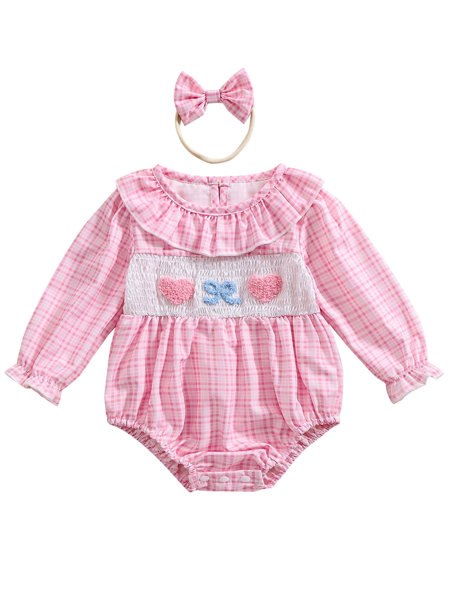aturustex Toddler Baby Girls Bubble Romper 0 3M 6M 12M 18M Infant Classic Plaid Heart Bow ...
