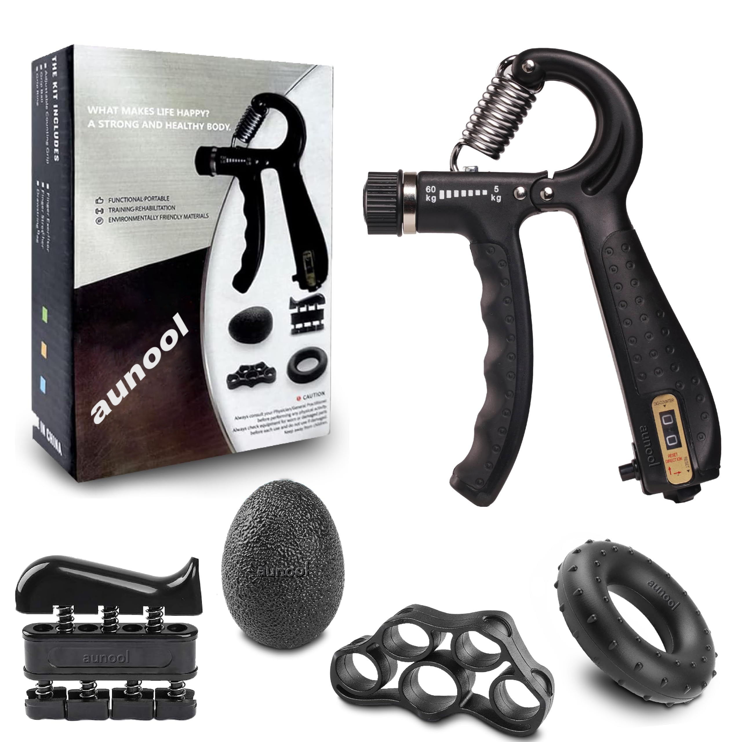 Aunool Grip Strength Trainer Kit (5-pack) - Squeezer, Ring, Relief Ball ...