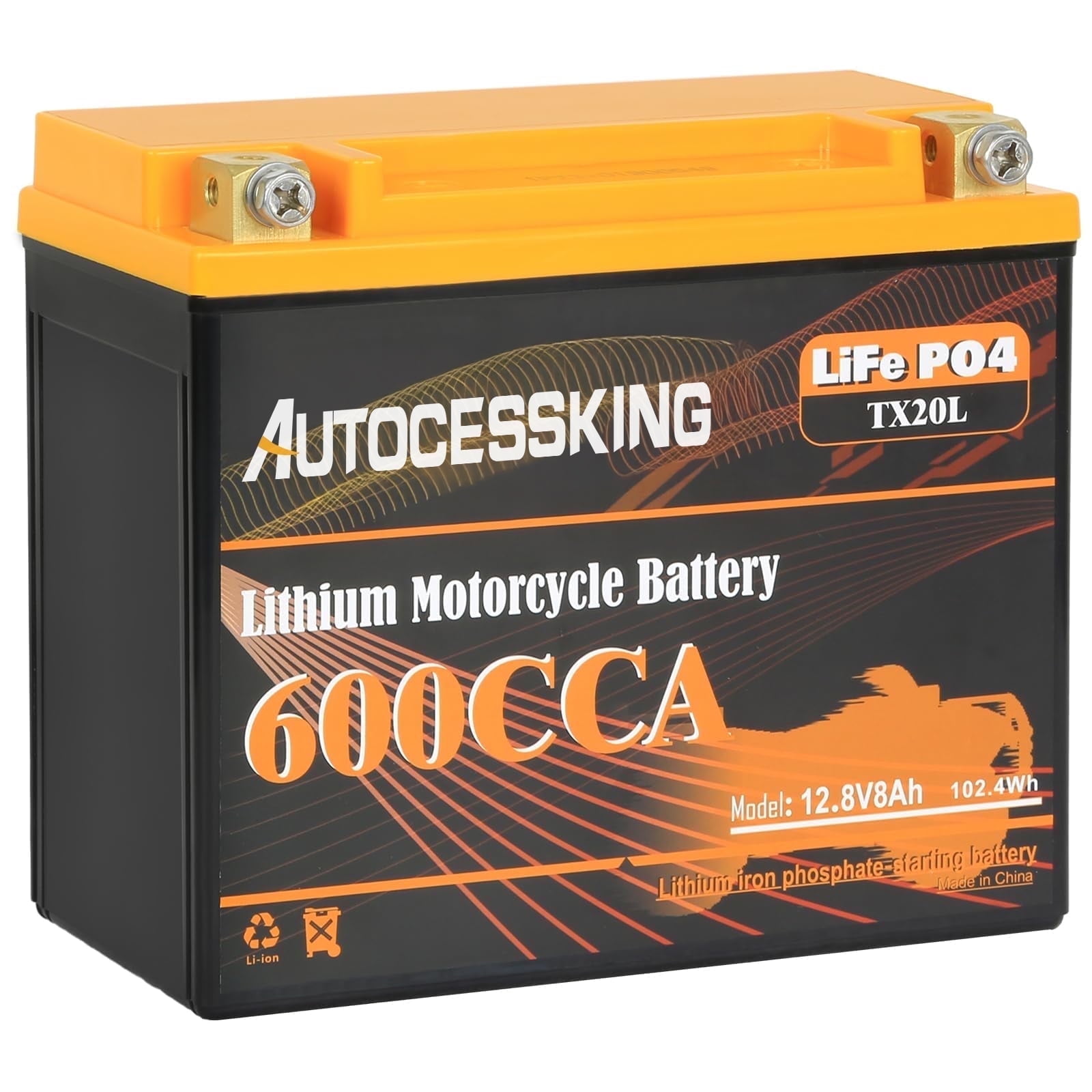 autocessking YTX20L-BS Lithium Motorcycle Battery LiFePO4 600A 12V 8AH ...
