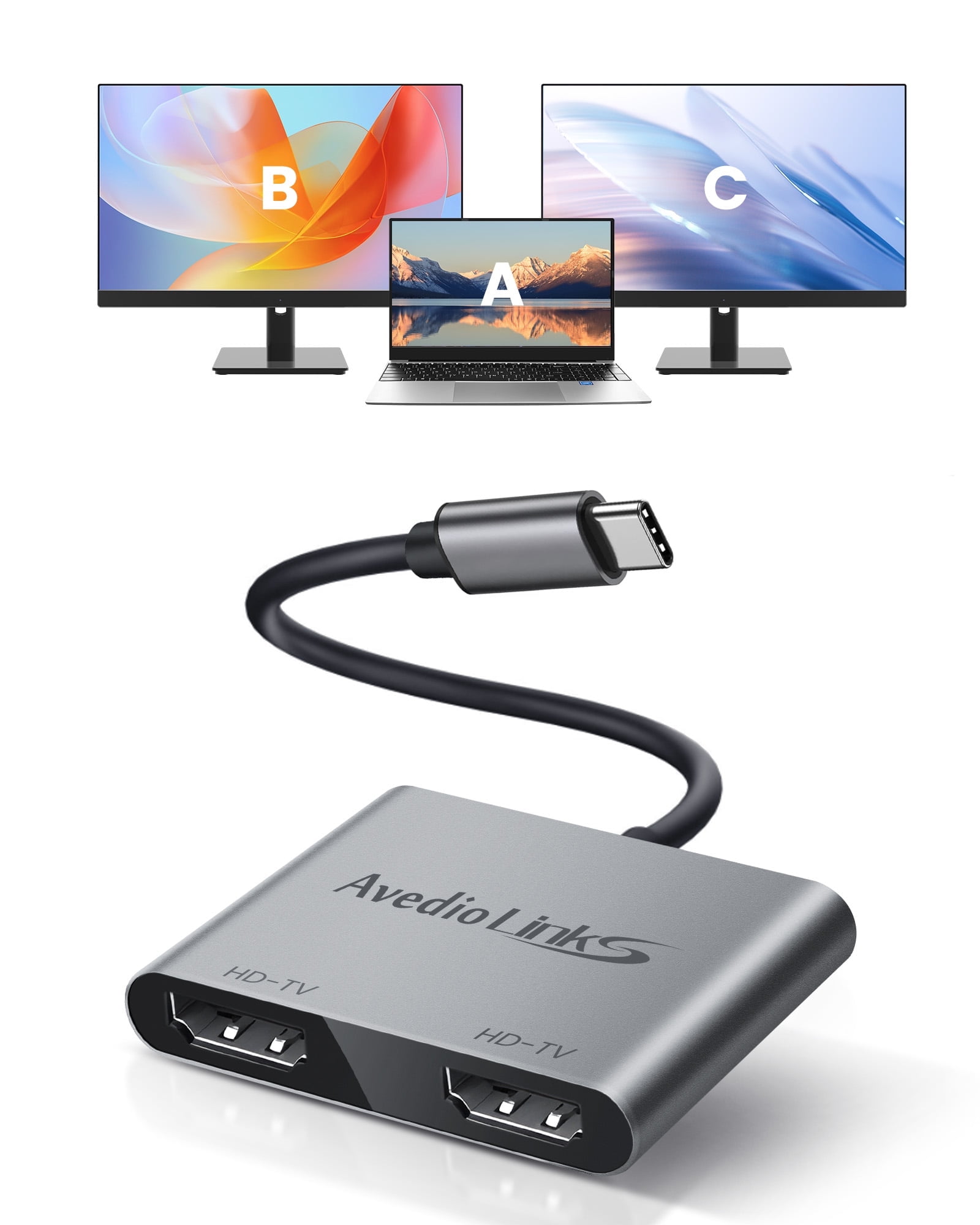 Avediolinks USB-C to HDMI Adapter, Dual Monitors Splitter, 4K@60Hz ...