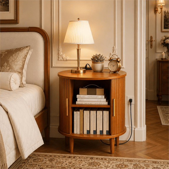 avobird Fluted Nightstand with Charging Station, Modern Side Table ...