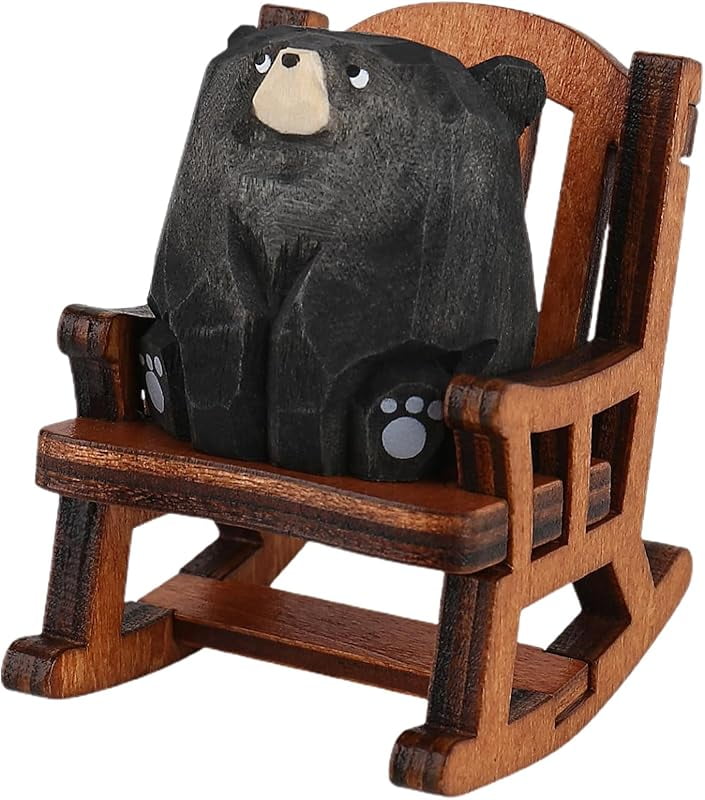 awakentti Yard Statues, Hand-Carved Wood Rocking Chair with Bear ...