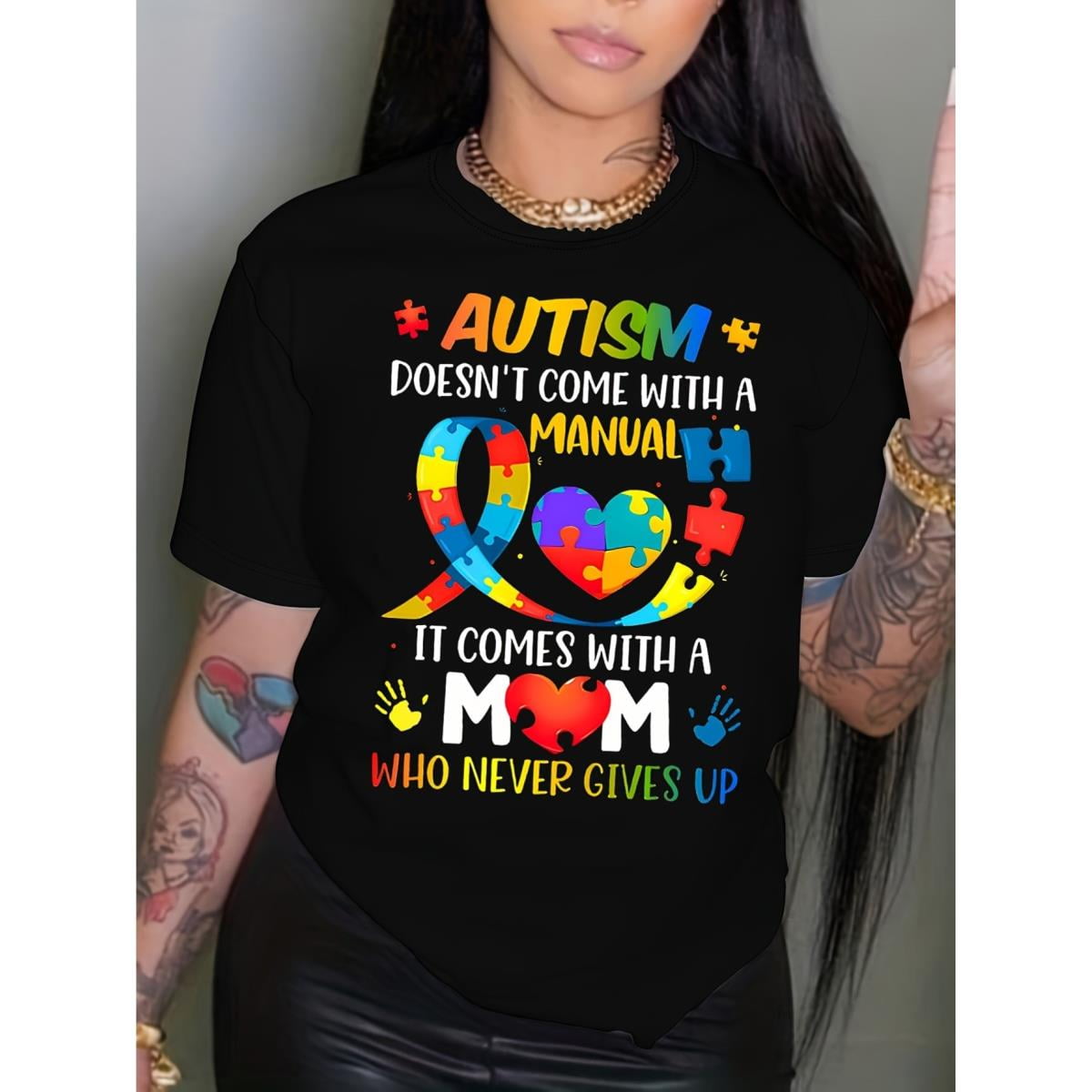 awareness Graphic T-Shirt, 100% Cotton Crew Neck Tee, Casual Style Knit ...