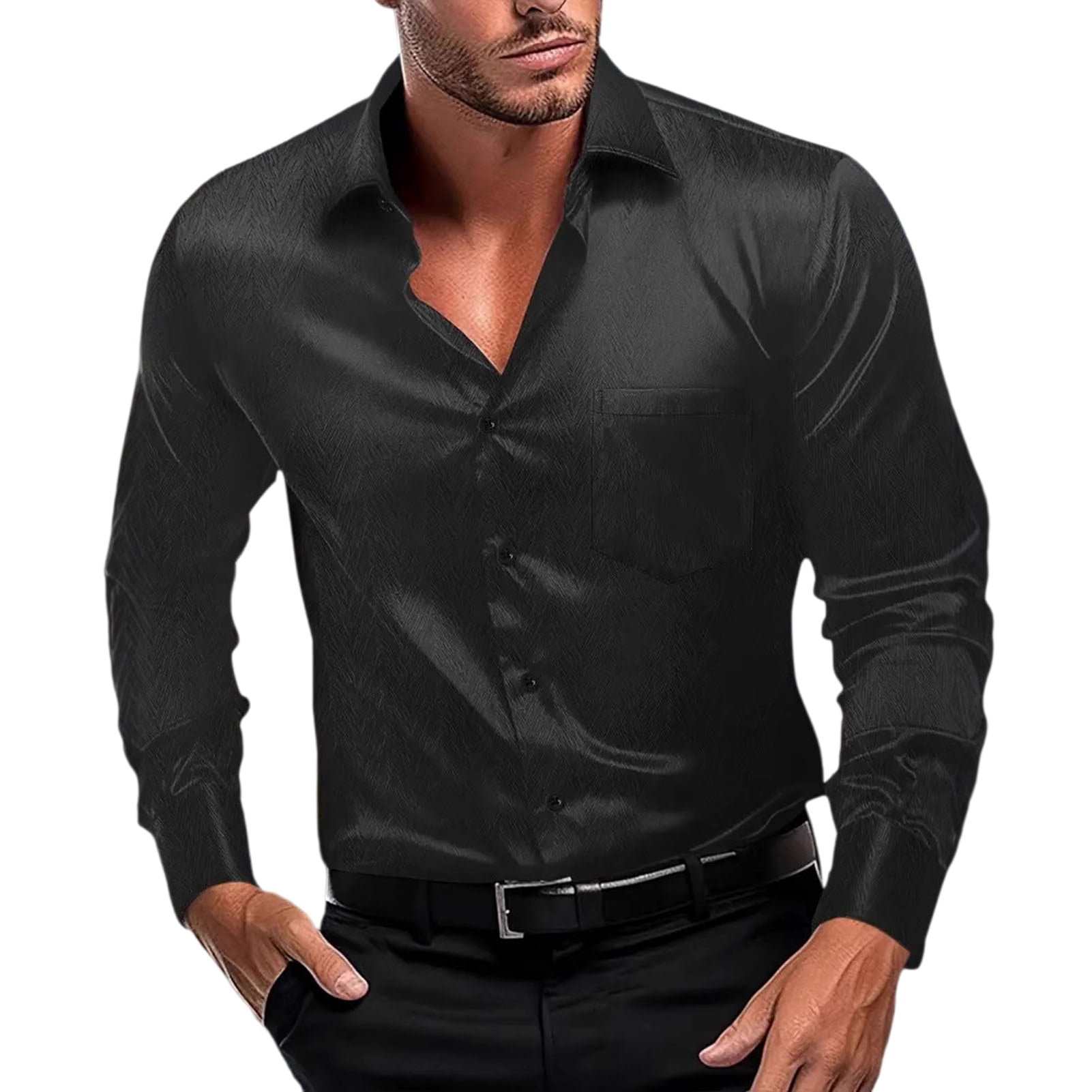 awjaisca Men Glossy Dress Shirt Turndown Collar Button Down Shirt Long ...