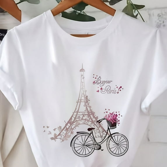 ayA1 Plus Size Romantic Eiffel Tower Bicycle Printed sual S1Hort Sve T-S1Hirt, B1Onjour Paris ...