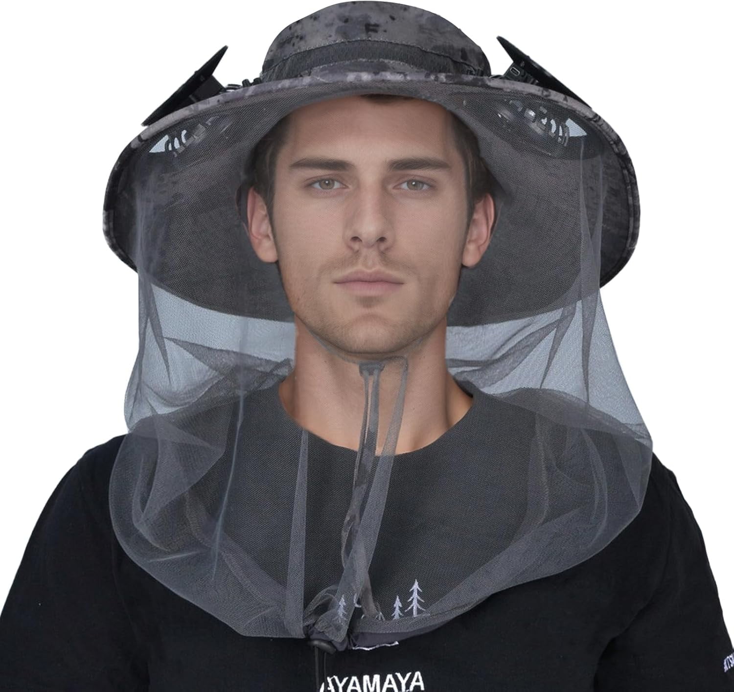 ayamaya Mosquito Net Hat with Fan Built-in, Wide Brim Solar Fan Hat ...