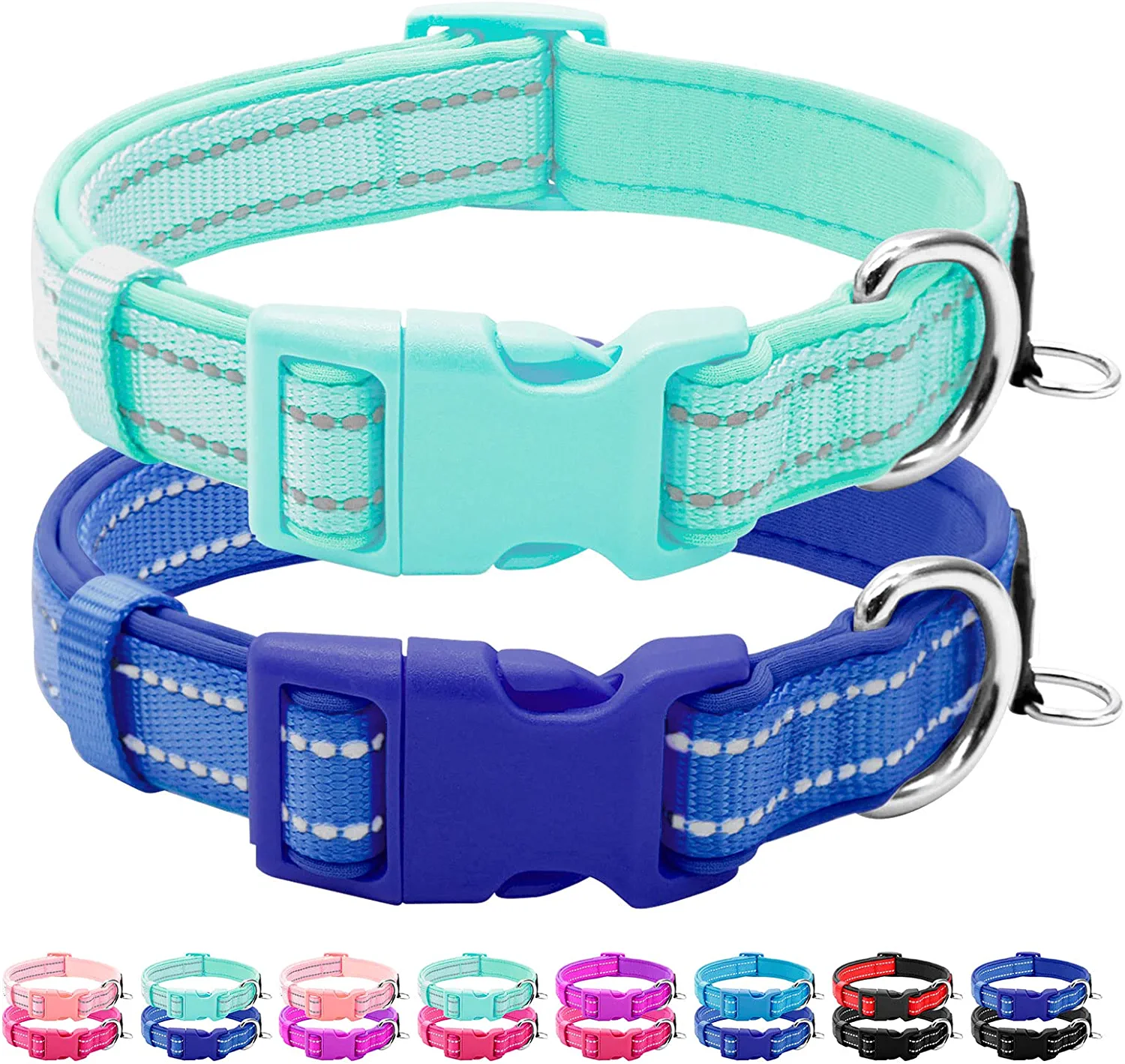 azuza Reflective Neoprene Padded Dog Collars 2 Pack, Adjustable with ID ...