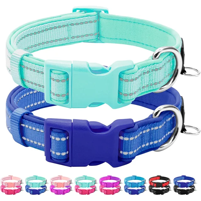 azuza Reflective Neoprene Padded Dog Collars 2 Pack, Adjustable with ID ...