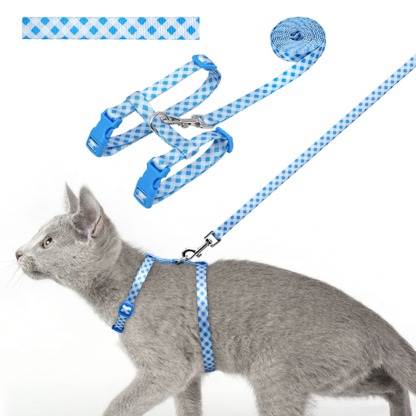 Azuza Cat Harness and Leash Set, Adjustable, Lightweight, Blue Plaid ...
