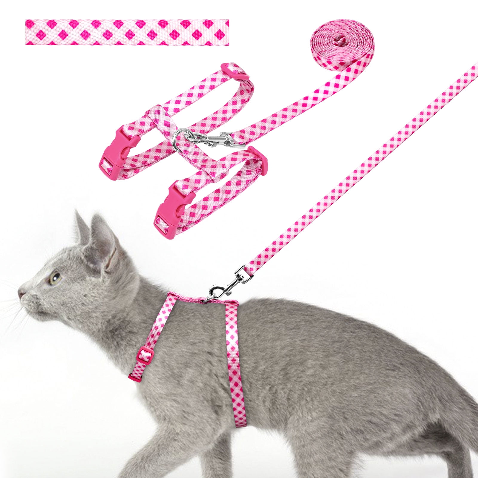 Azuza Cat Harness and Leash Set, Adjustable Pink Plaid Lightweight for ...