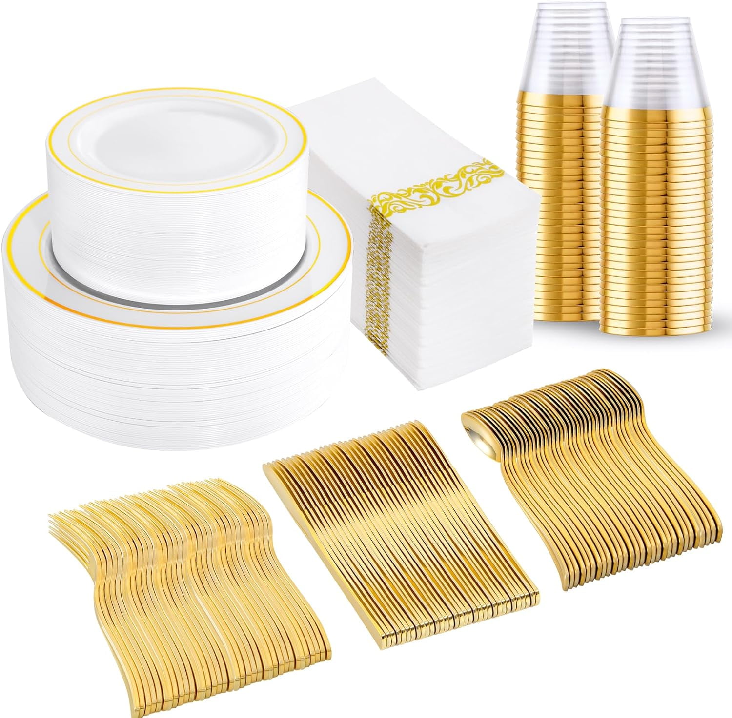 bUCLA 350PCS Gold Plastic Dinnerware Set - Gold Plastic Plates ...