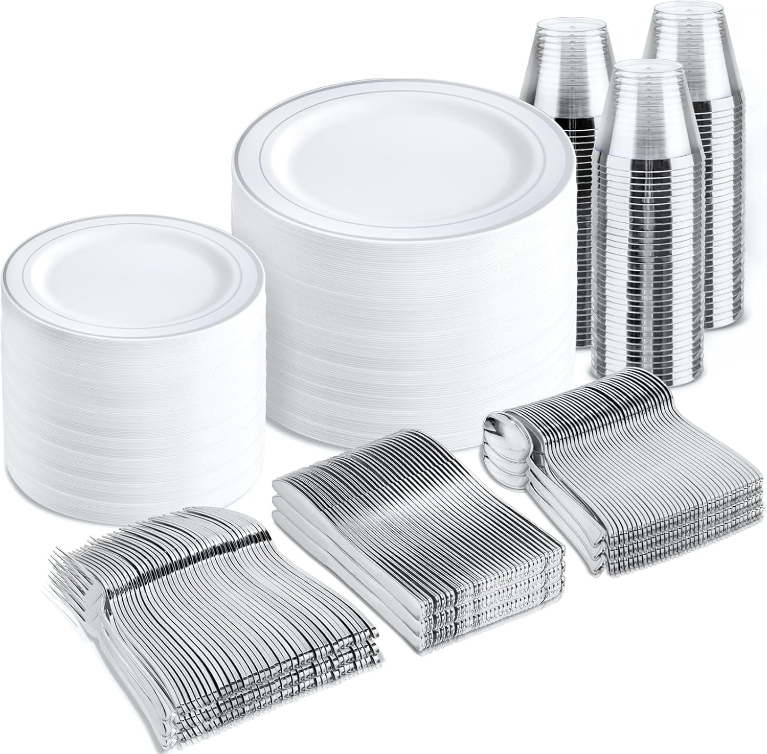 bUCLA 600pcs Silver Plastic Dinnerware Set for 100 Guests - Silver ...