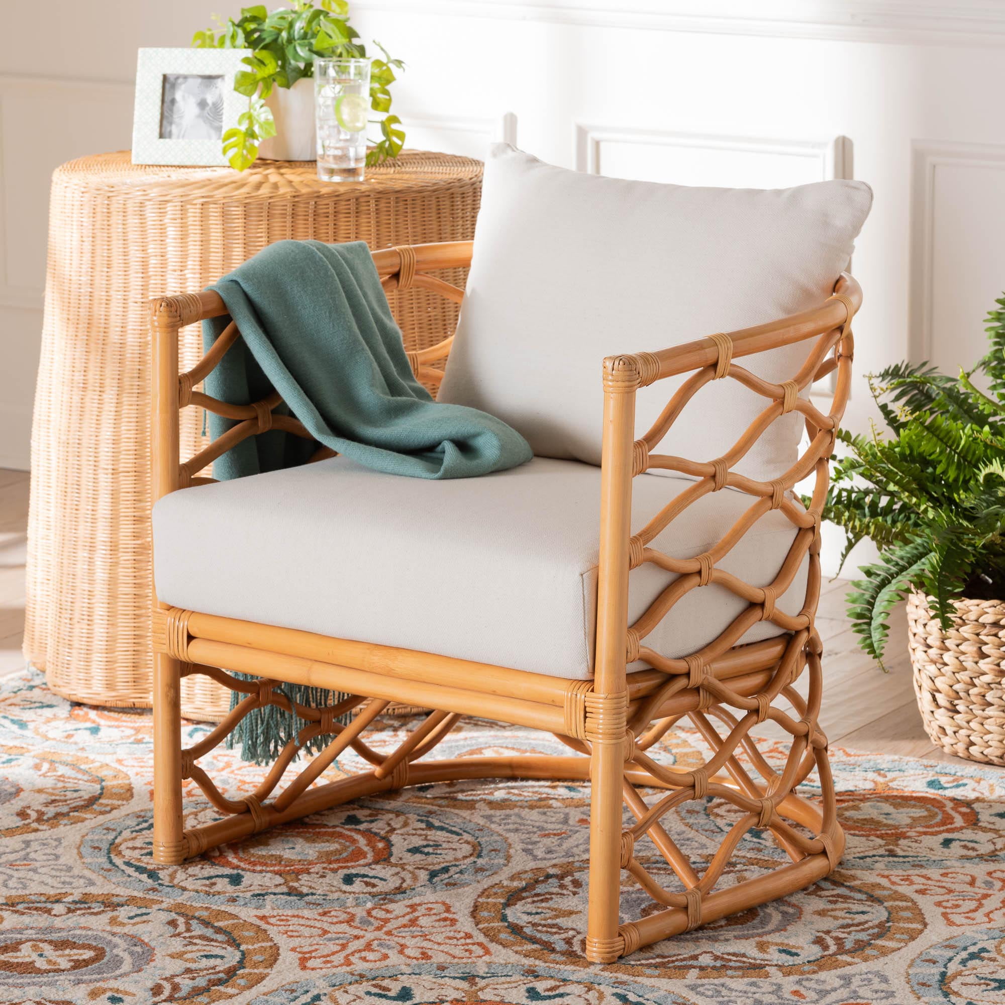 bali & pari Acelynn Boho Arm Chair with Natural Rattan Frame and Fabric ...
