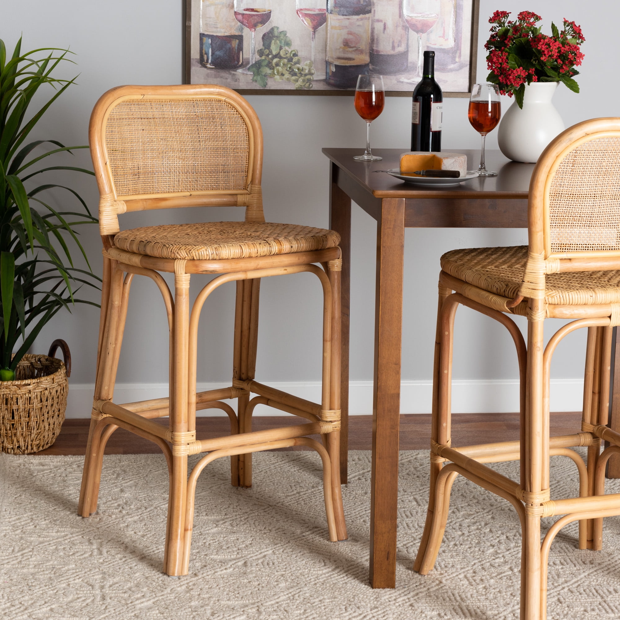 bali & pari Adrena Modern Bohemian Natural Brown Rattan Bar Stool ...