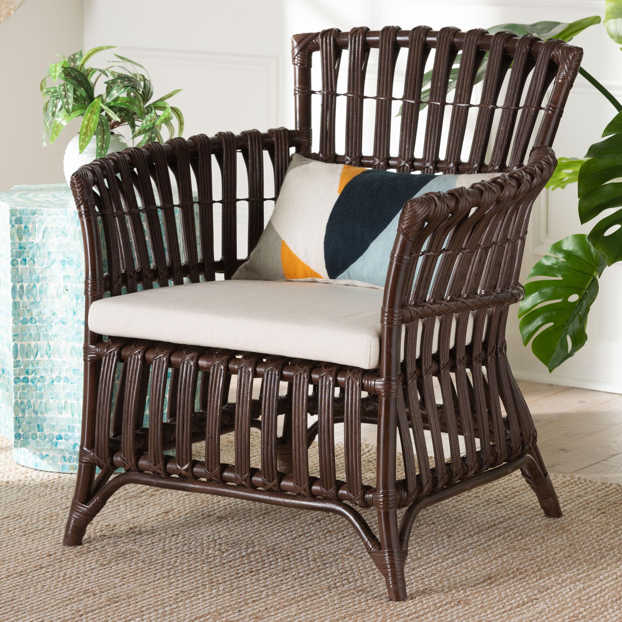 bali & pari Brooklyn Boho Arm Chair, Dark Brown Rattan with Cushion ...