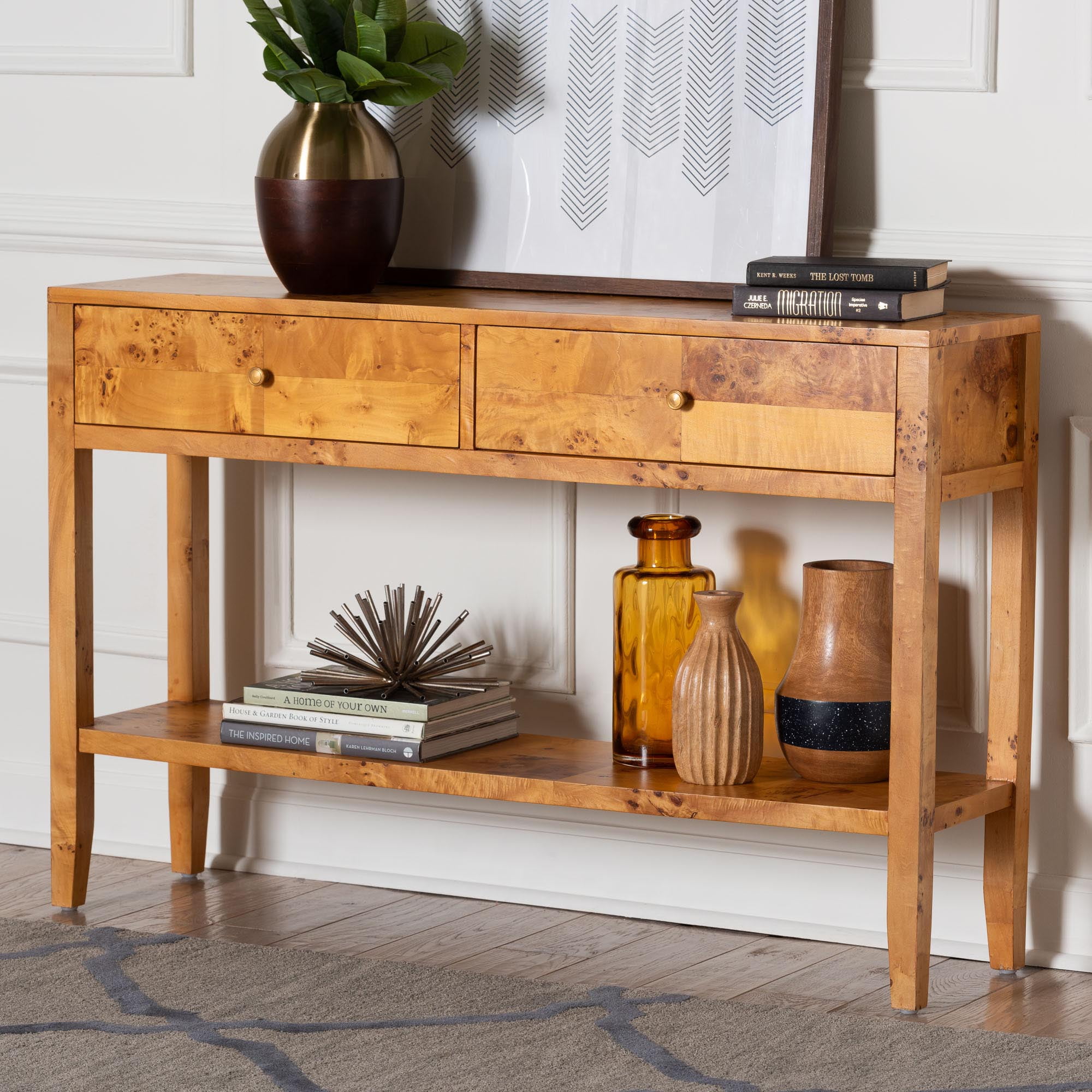 bali & pari Ghina Modern Console Table, 2-Drawer, Light Mappa Burl ...