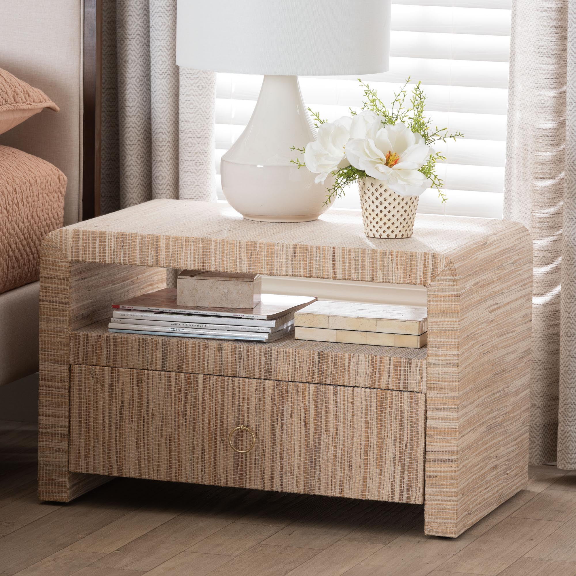 bali & pari Hannah Bohemian Nightstand with Drawer, Natural Grasscloth ...