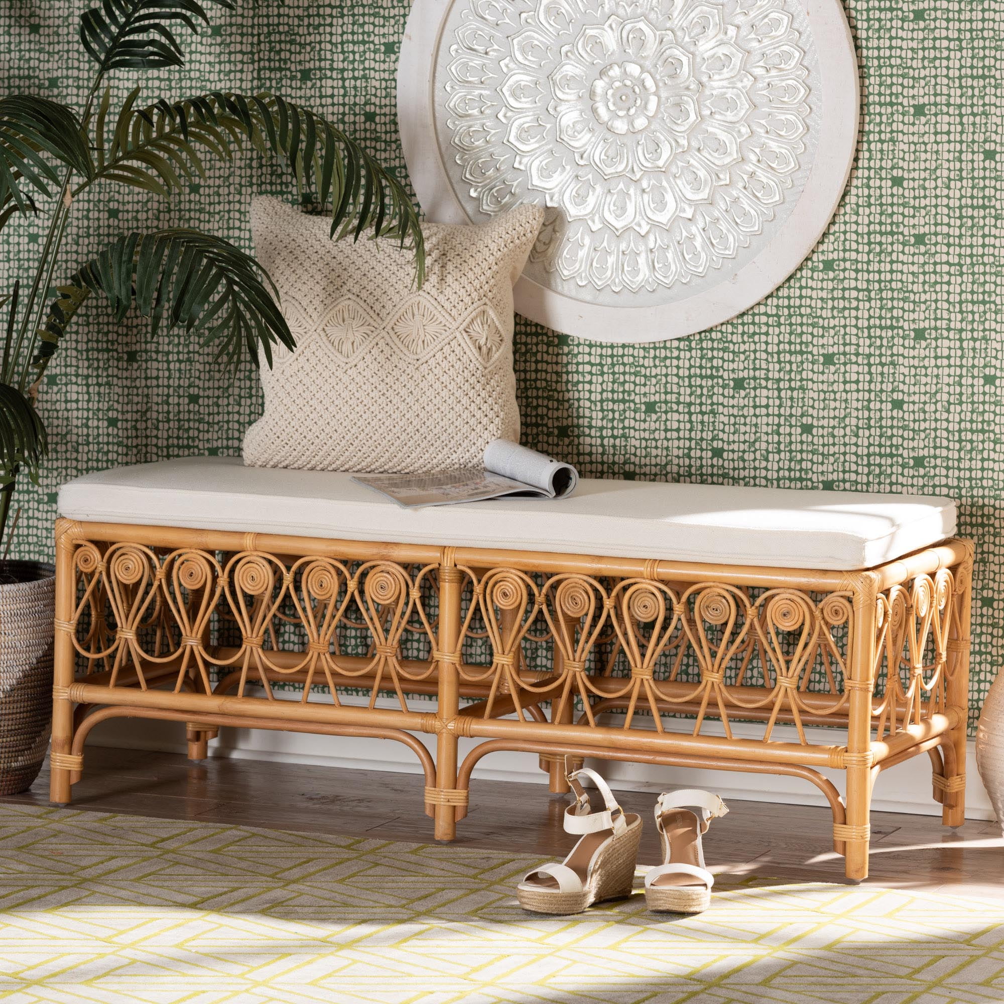 bali & pari Ibiza Modern bohemian Natural Brown Rattan Bench - Walmart.com