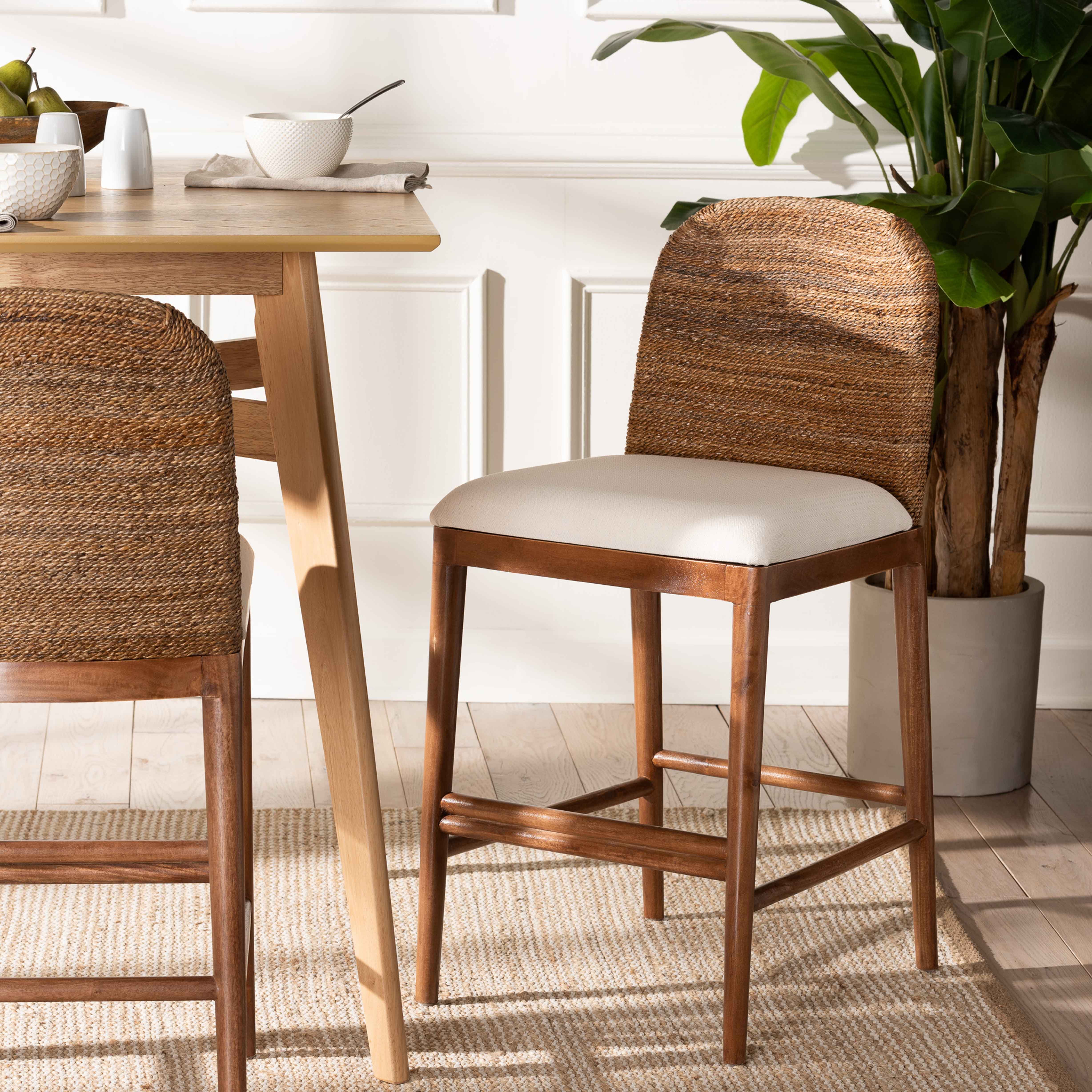bali & pari Nadim Acacia Wood and Seagrass BOHO Counter Stools, Natural ...