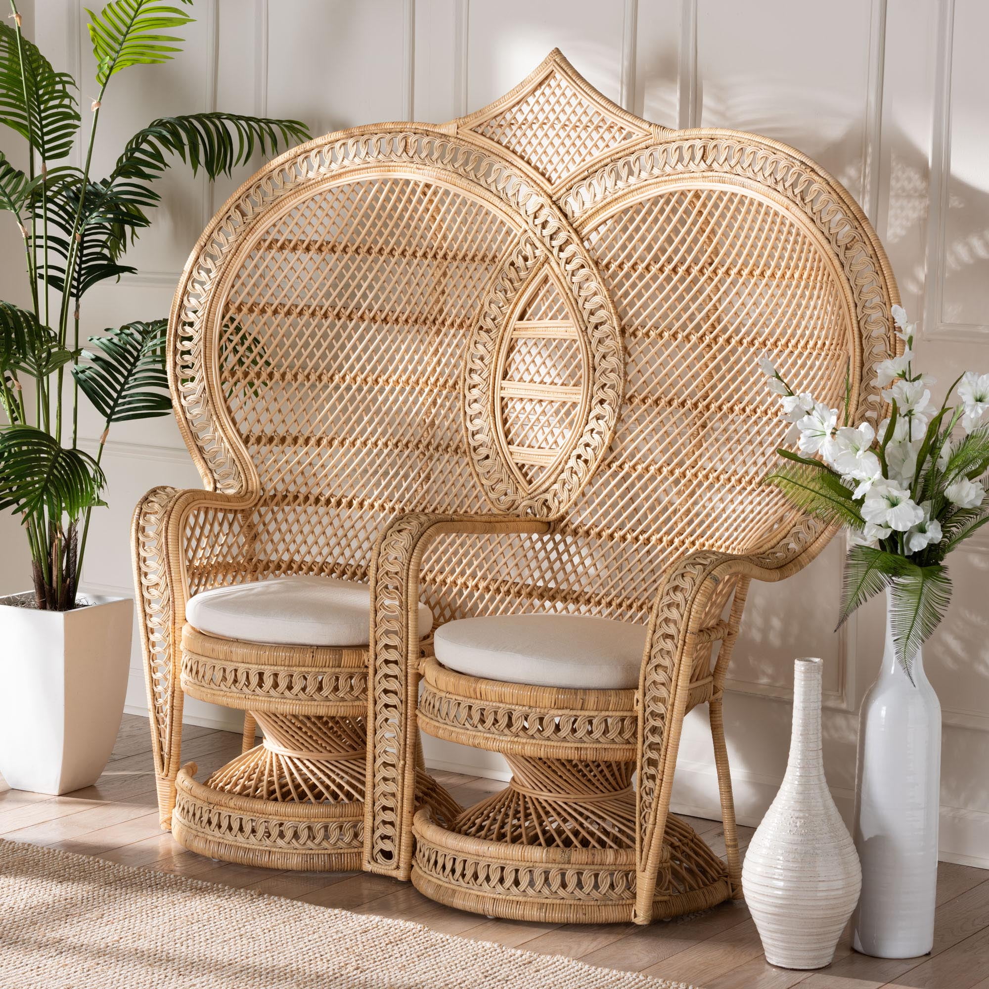 bali & pari Nerita Rattan BOHO Two-Seater Peacock Chair, Natural Brown ...
