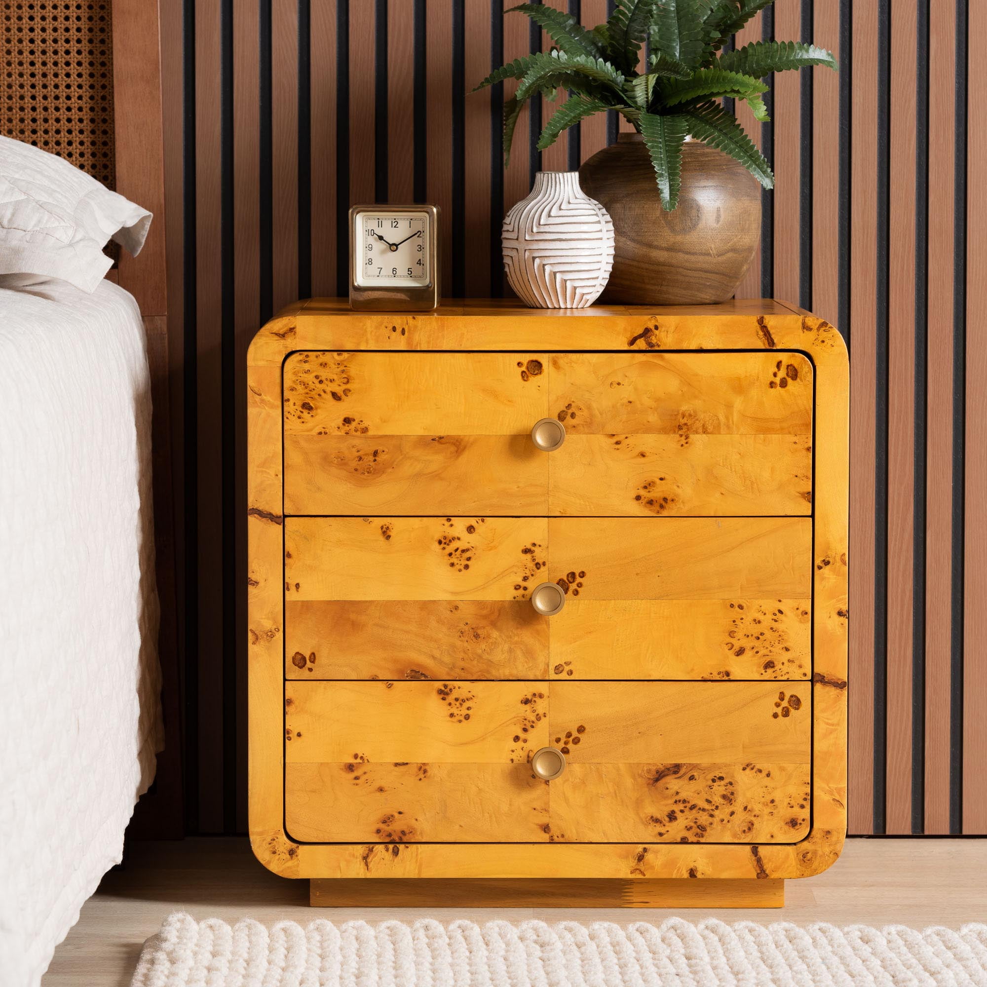 bali & pari Netra Modern Nightstand, 3-Drawer, Light Mappa Burl - Walmart.com