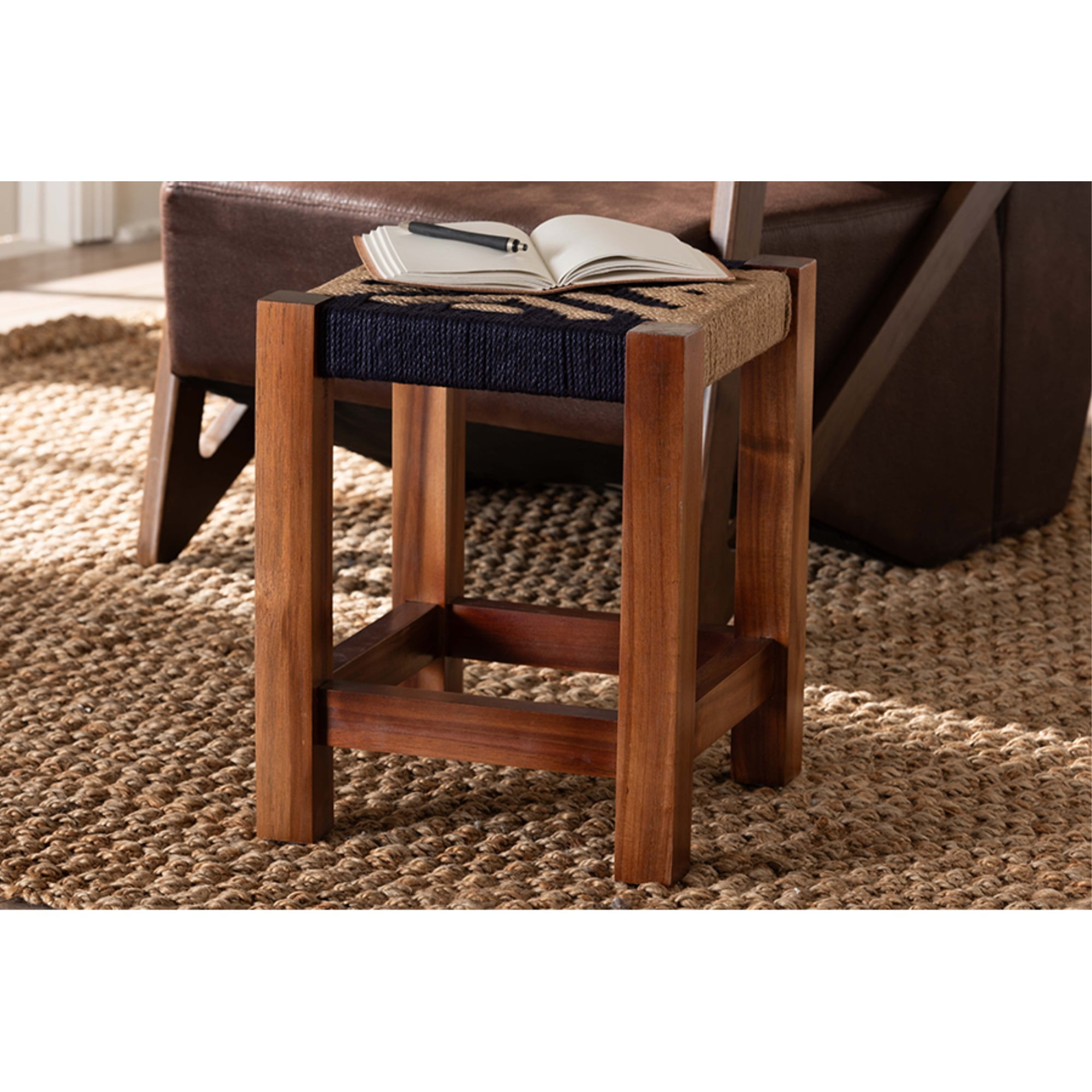 bali & pari Prunella 16.5" Seagrass & Acacia Wood Footstool in Blue and ...