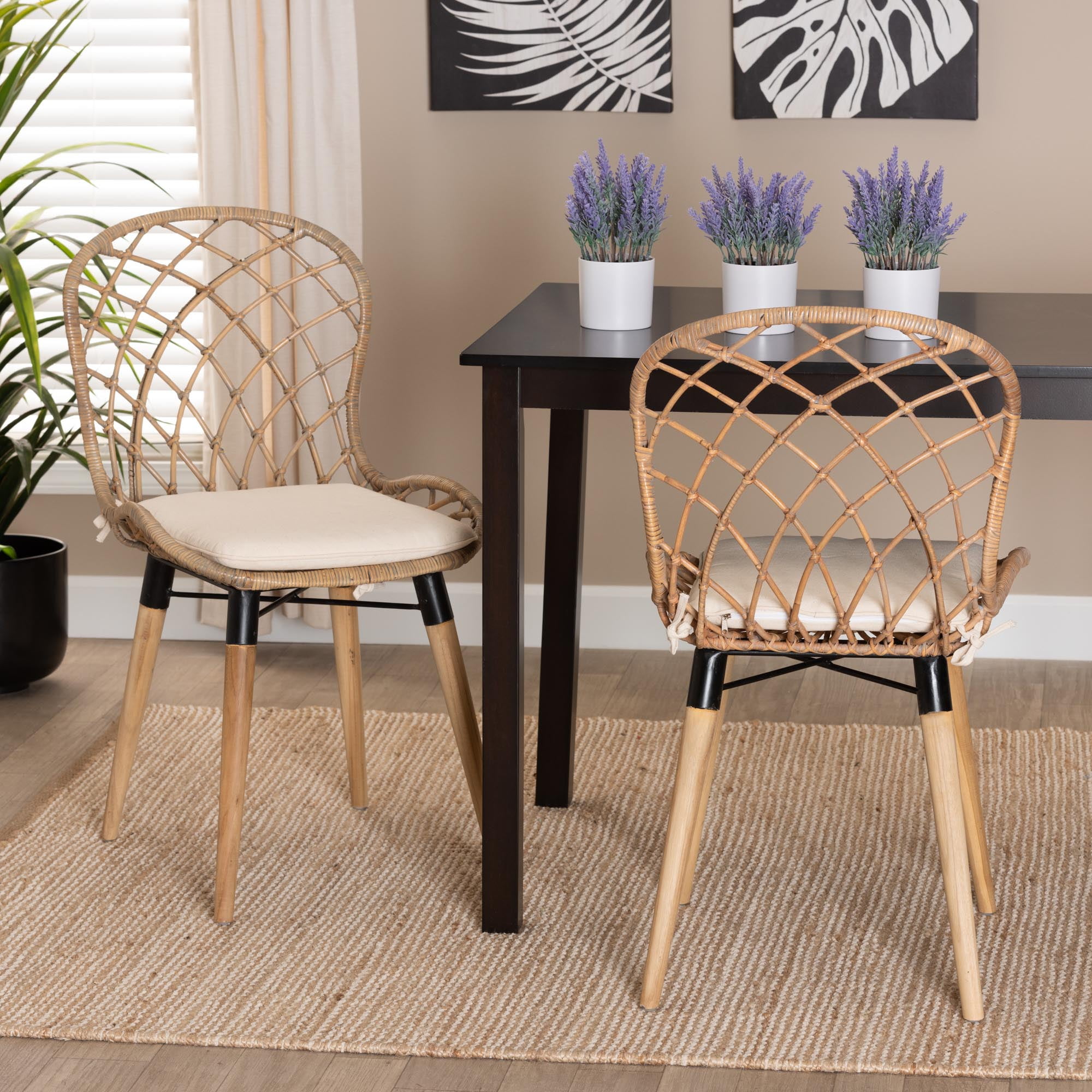 bali & pari Sabelle Rattan and Teak Wood BOHO Dining Chairs, Set of 2 ...