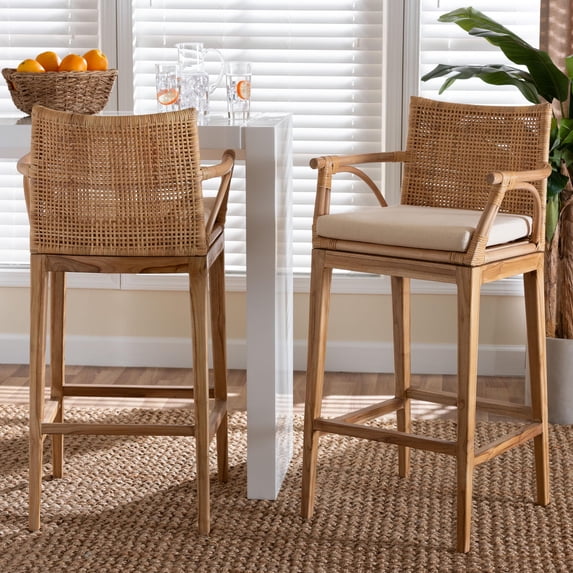 bali & pari Storsel Bohemian Natural Rattan and Teak Wood 2-Piece Bar ...
