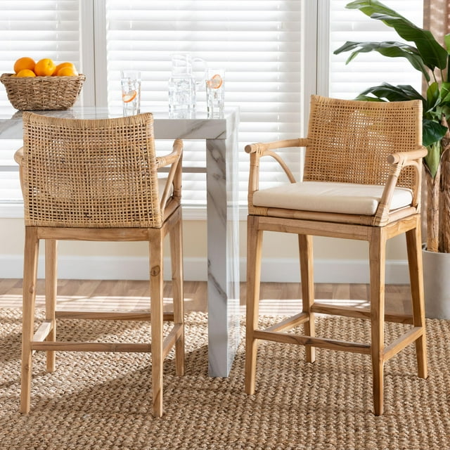 bali & pari Bohemian Rattan and Teak Wood Counter Stool Set with ...