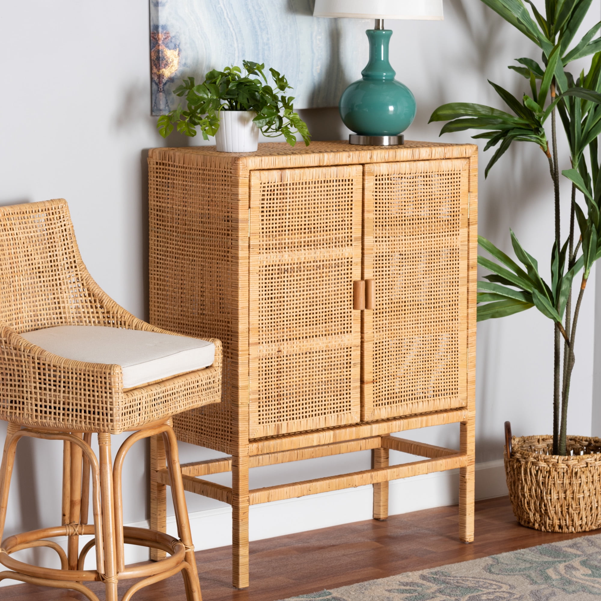 bali & pari Vivan Rattan and Mahogany wood BOHO Storage Cabinet, 3 ...