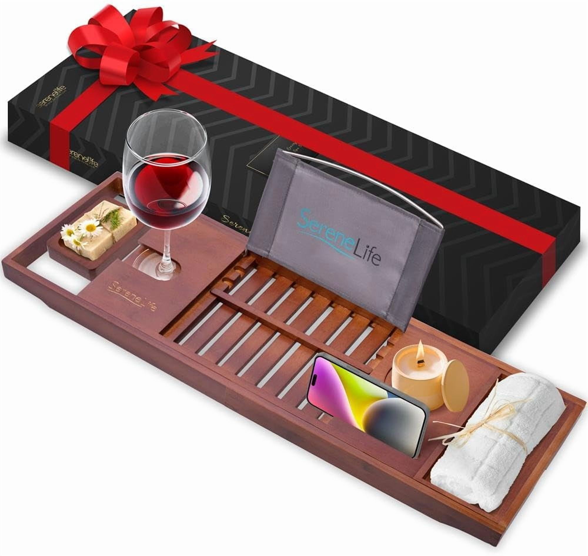 **bamboo bathtub caddy with luxury gift box and red gifting ribbon ...