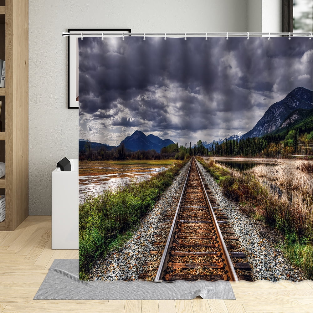 bandoned Old Building Scenes Shower Curtain Green Plants Rural Railway ...