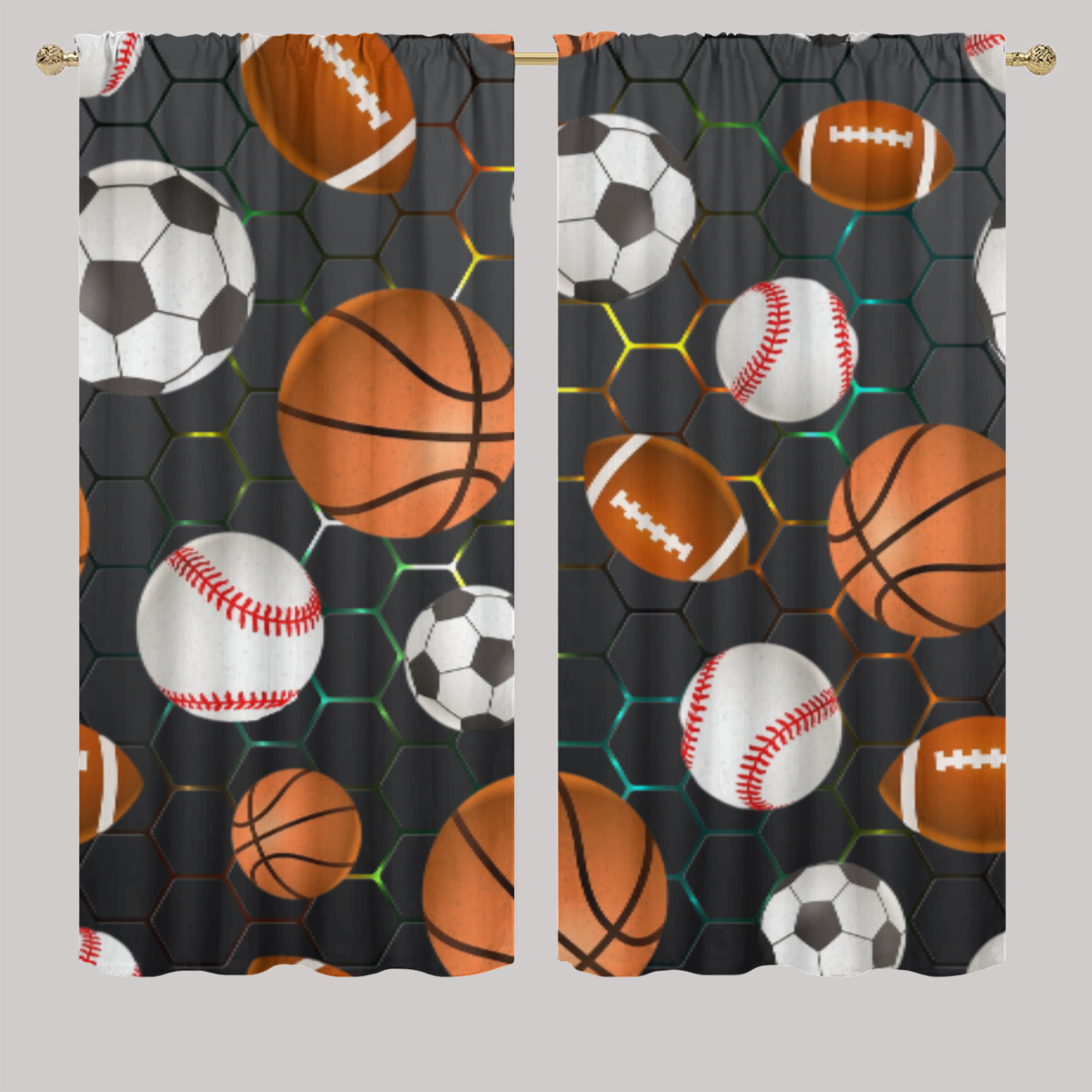 basketball Printed Blackout Curtains Soccer football baseball hexagon ...