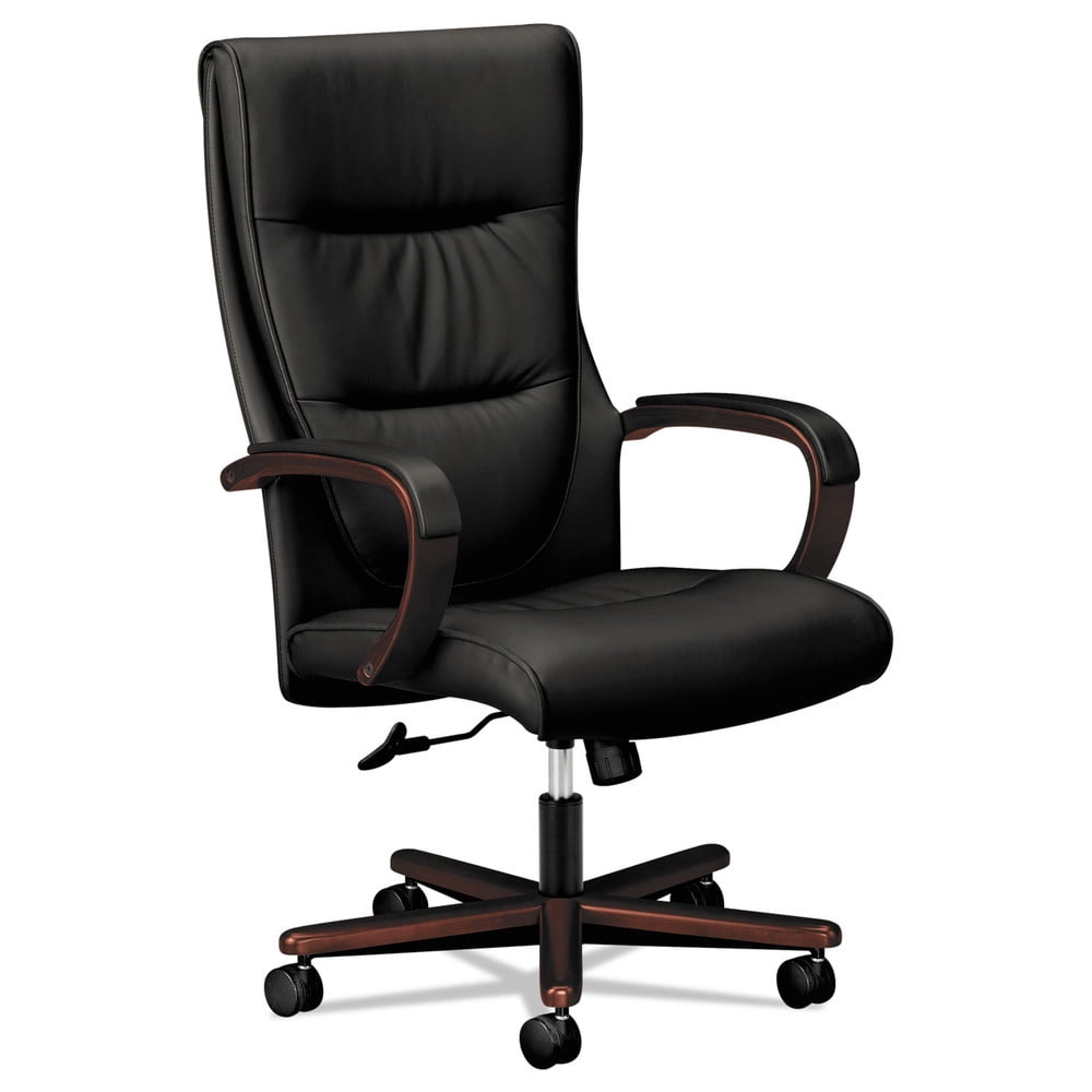 basyx VL844 Series High-Back Swivel/Tilt Chair, Black Leather/Mahogany ...