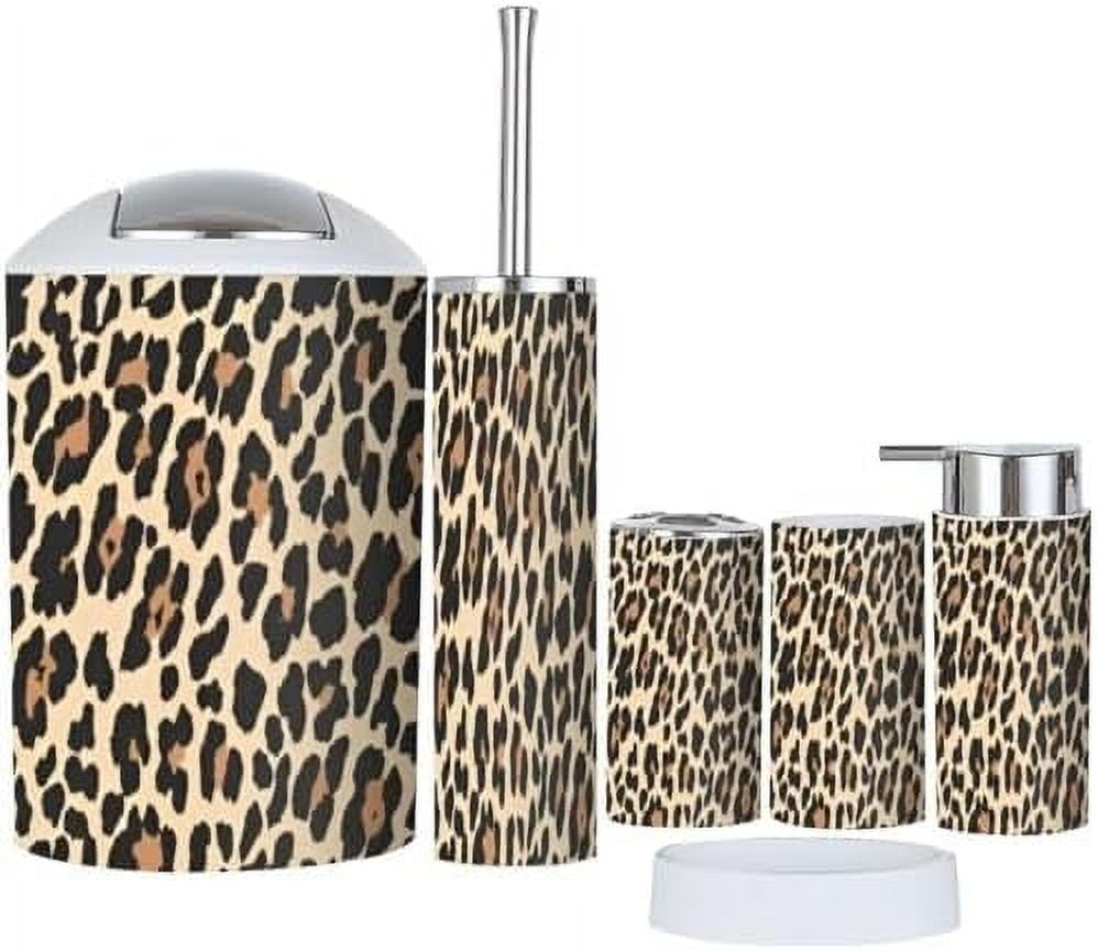 bathroom accessory set 6 piece leopard hand drawn toothbrush holder, toothbrush cup, soap ...