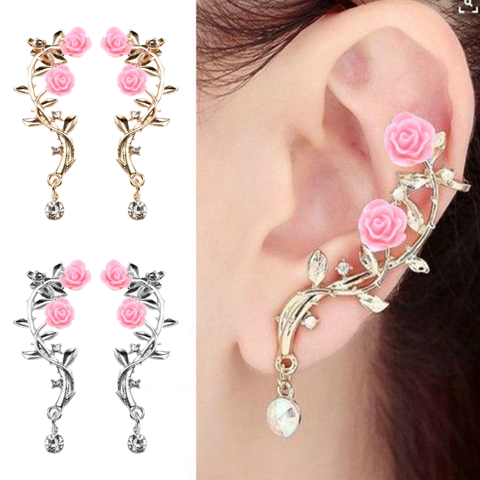 batmeuy 1 Pair Lady Ear Clip Rose Rhinestone Supper Shiny Individual ...