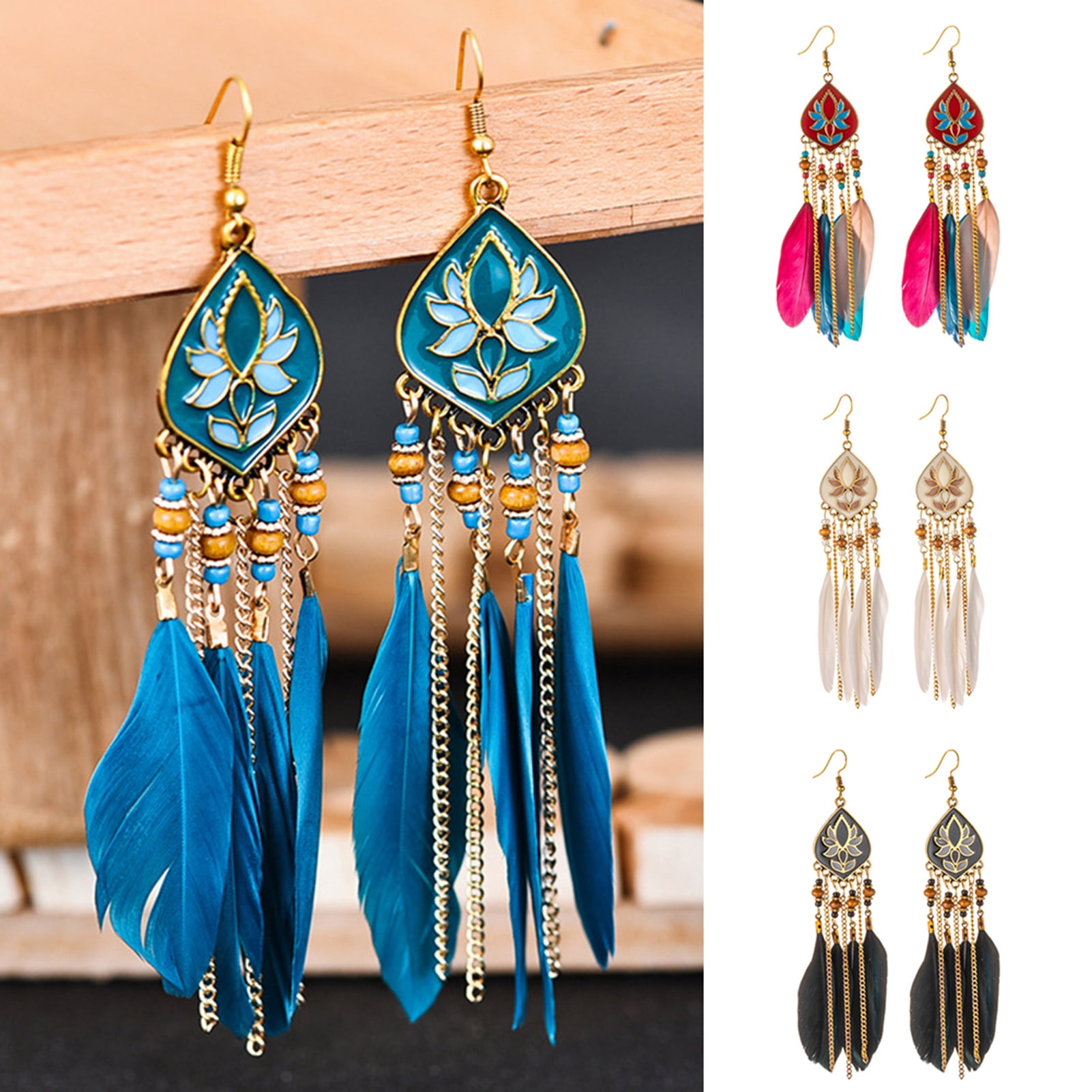 batmeuy 1Pair Earrings Rhombus Shape with Feather Pendant Alloy Women ...