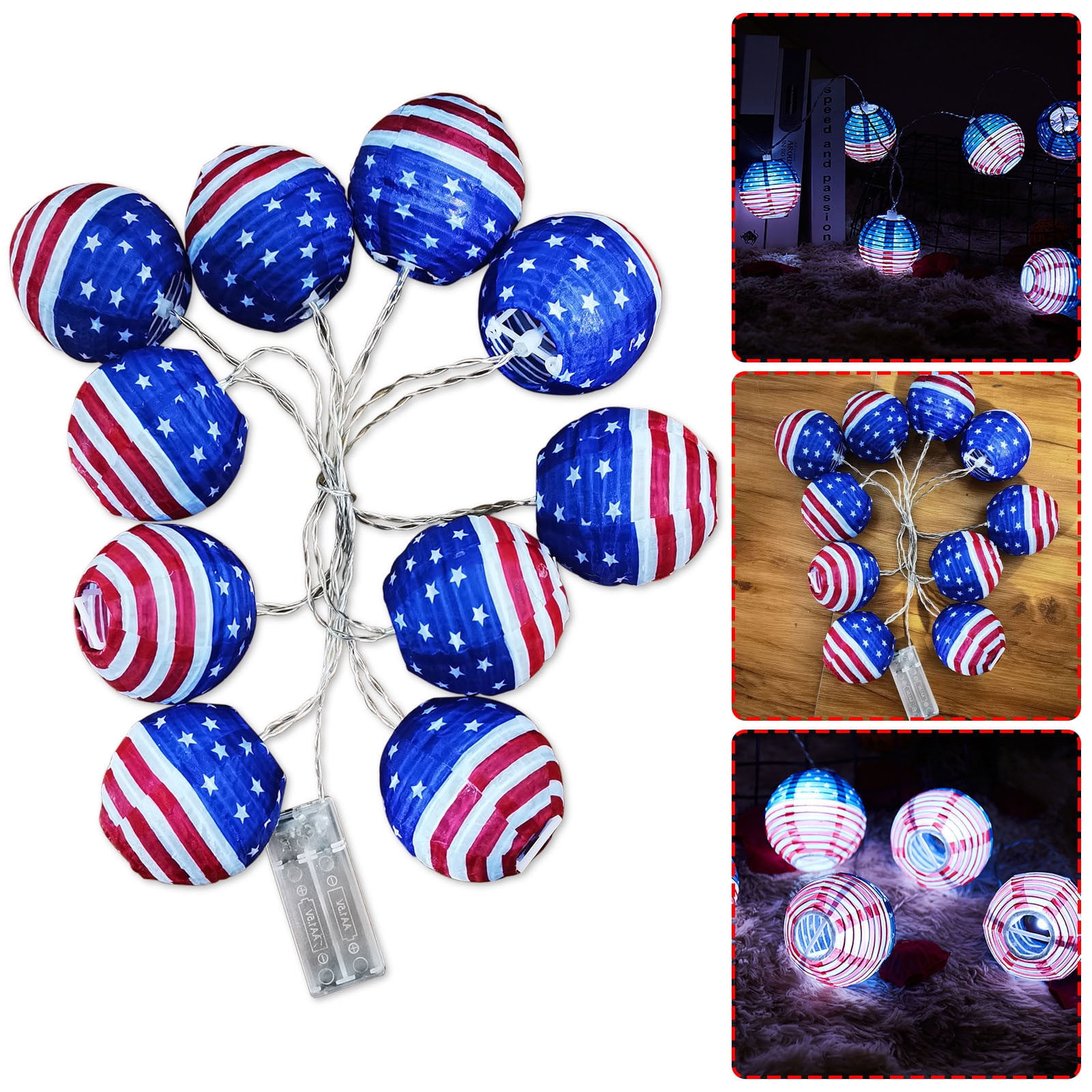 battery box led string lights american flag 7.5cm silk lantern ...