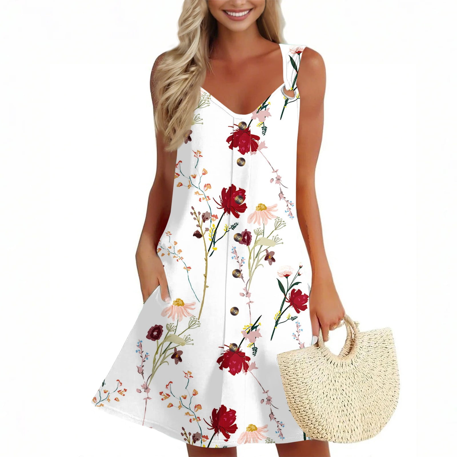 bbyeadc 2025 Womens Causal Summer Dress with O Ring Floral Sleeveless ...