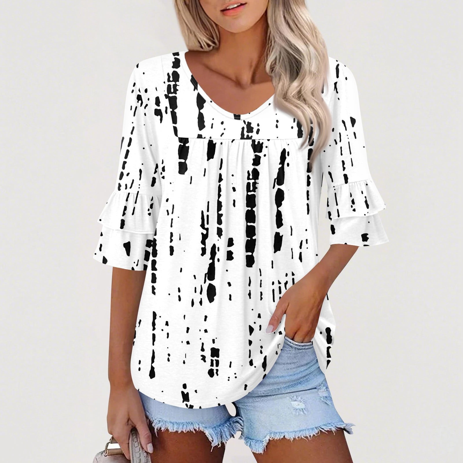 bbyeadc 3/4 Sleeve Blouses for Women 2025 V Neck Bell Ruffle Sleeve ...